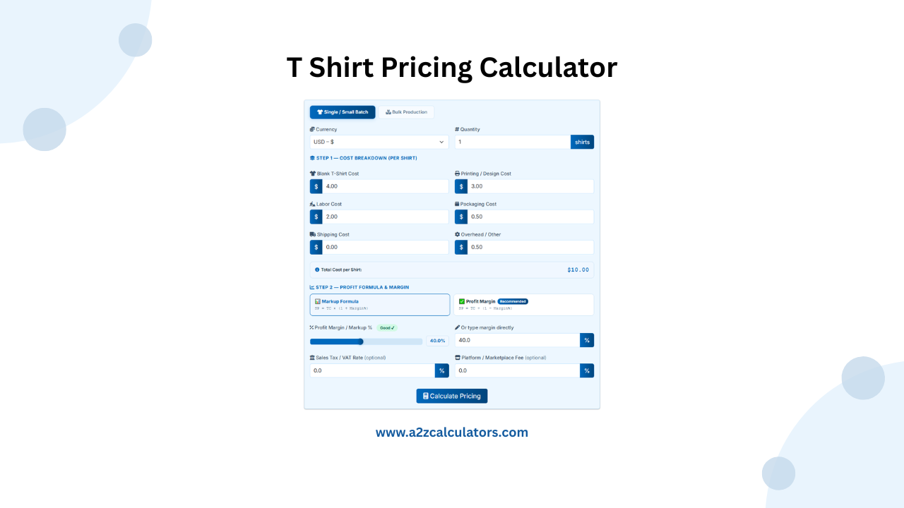 T Shirt Pricing Calculator